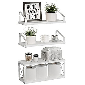 RICHER HOUSE 2-in-1 Floating Shelves Wall Mounted Set of 3, Rustic Wood Wall Shelves Over Toilet, Farmhouse Shelves for Wall Decor, with Paper Storage for Bedroom, Kitchen, Bathroom Organizer - White