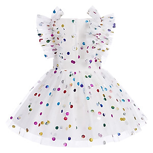 Flower Girls Sequin Colorful Polka Dot Tutu Dress for Infant Baby Baptism Christening Gown Toddler Little Princess Pageant Wedding Birthday Party Tulle Romper Dresses White + Rainbow Dots 12-18 Months