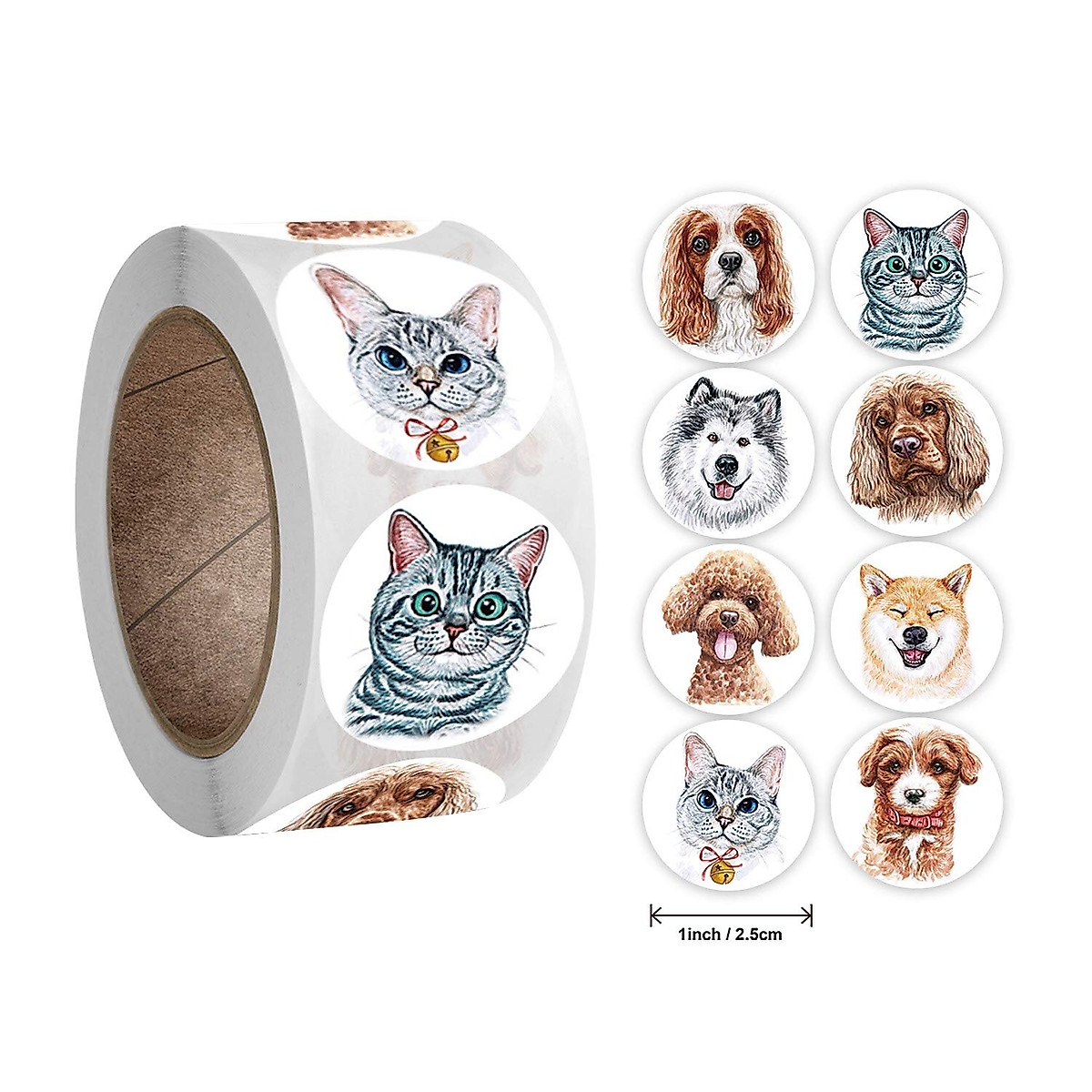 Animal Stickers 1'' Circle Labels Letters 500 Per Pack New Roll Handicraft Decoration Reward Sealing Cats Dogs Sticker Envelope Encourage Children's Gift (Animal)