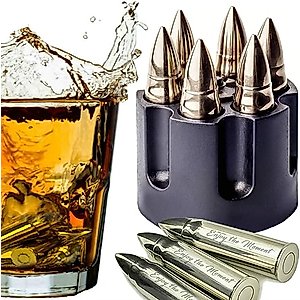 Whiskey Stones Large 6 Laser Engraved Stainless Steel Silver Bullets with Revolver Barrel Base Reusable Chilling Rocks Stone Ice Cubes Chillers Birth Day Gift Set for Father's Day, Military Man