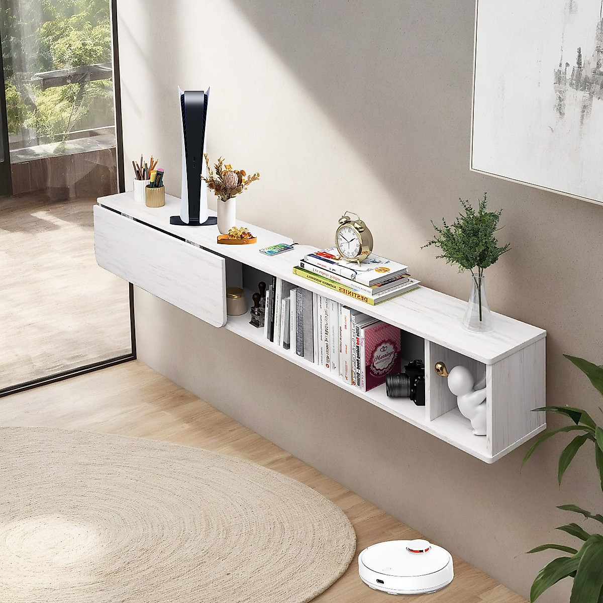 Pmnianhua 63'' Floating Desk with Storage Shelves,Wall Mounted Desk Laptop Computer Writing Study Table for Bedroom Small Space(White)