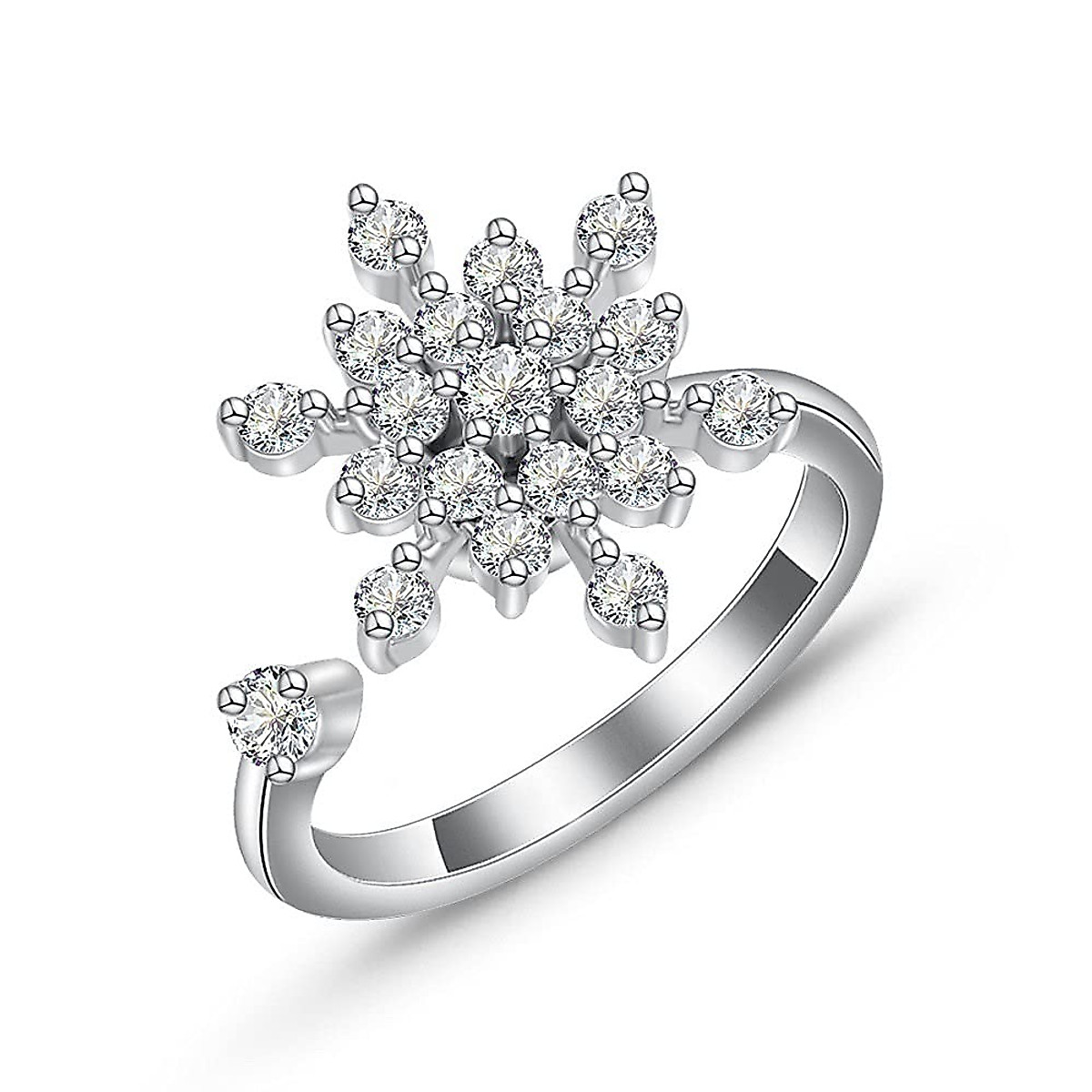 CZ Crystal Snowflake Wrap Open Band Rings for Women Stress Relief Spinner Anxiety Tail Finger Coil Rotate Freely Inspirations Stacking Ring Adjustable Charm Birthday Xmas Jewelry Gifts (Style 2)