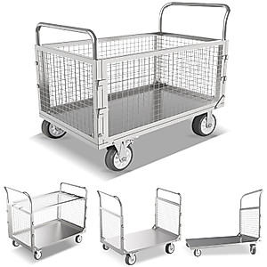 Platform Truck Cart with Cage, 4-in-1 Heavy Duty Push Cart Dolly, Multi-Functional Folding Flatbed Cart, Platform Hand Truck Dolly Flatbed Cart with Detachable Cage (Silver-002)
