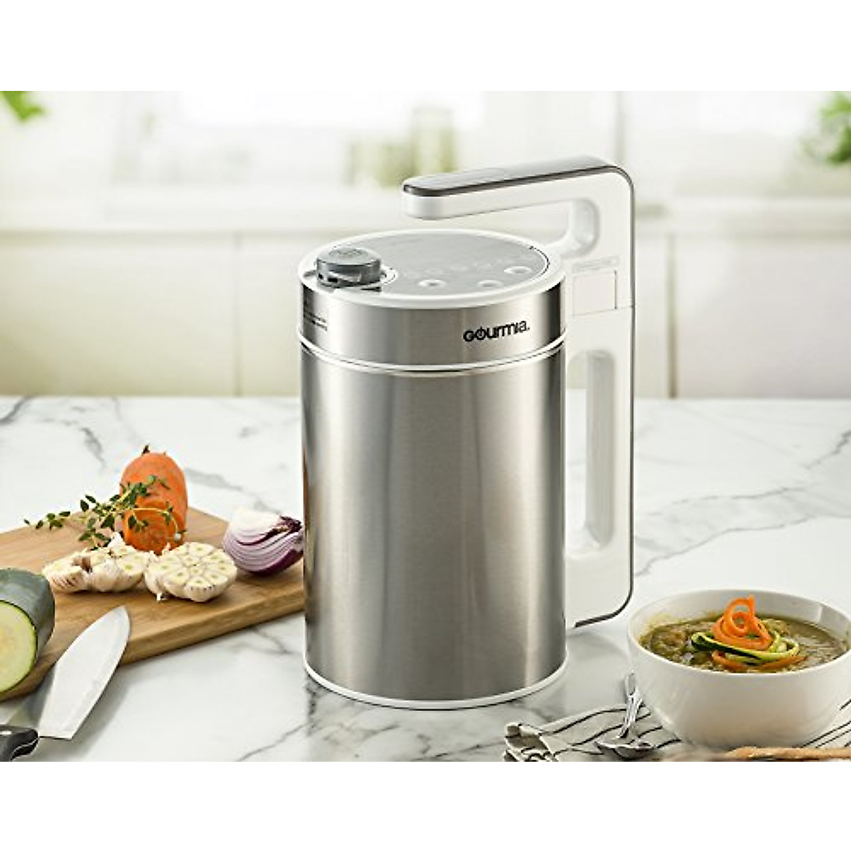 Gourmia GSM1450 Automatic Soup Maker - 6 in 1 Hot or Cold Soup Maker Plus Soy Milk, Rice, Porridge & More - 4 Blades, Cool Touch, Durable Stainless Steel with Free Recipe Book