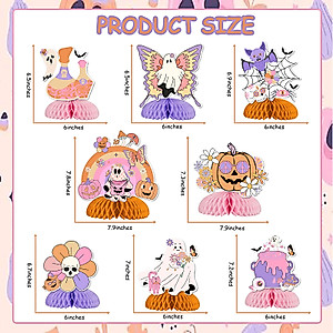 kreat4joy 8pcs Groovy Halloween Honeycomb Centerpieces, Halloween Baby Shower Birthday Decorations Honeycomb Centerpieces Double Sided Printing for Spooky One Two Spooky Four Ever Spooky Party