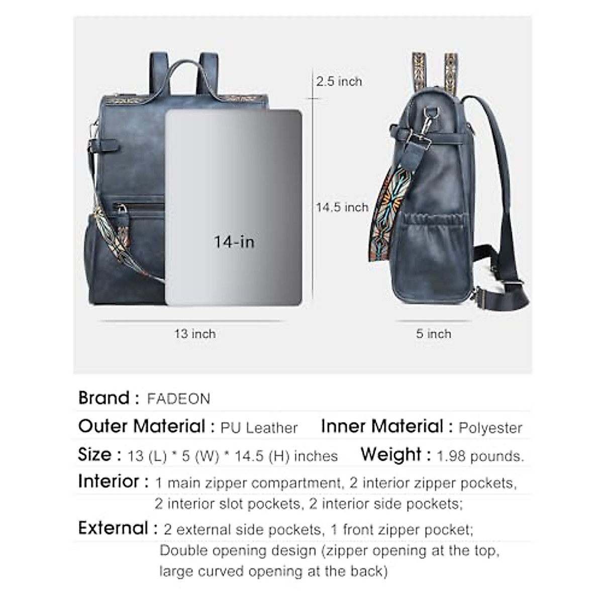 FADEON Womens Leather Backpack Purse Designer Travel Ladies Shoulder Bag Back Opening Backpack Purses for Women Blue