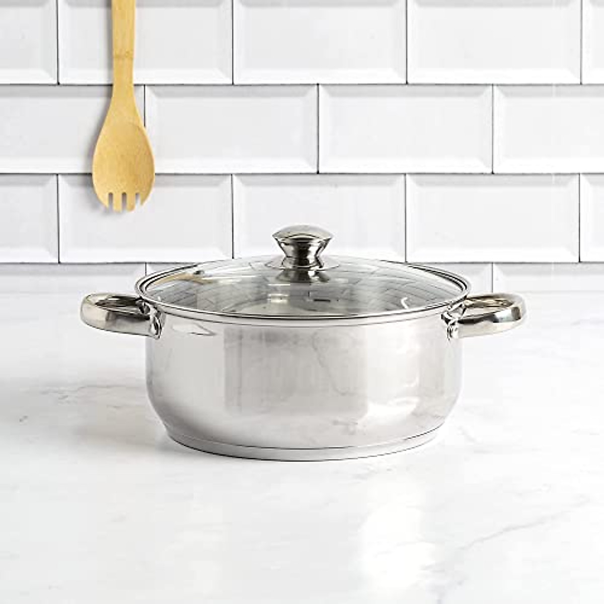 Ecolution Stainless Steel Stock Pot with Encapsulated Bottom Matching Tempered Glass Steam Vented Lids, Made Without PFOA, Dishwasher Safe, 5-Quart, Silver