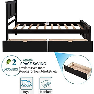 Twin Bed Frame with Drawers , Kids Twin Bed Frame, Wood Twin Platform Bed with Headboard , Twin Storage Bed ,No Box Spring Needed ,Espresso