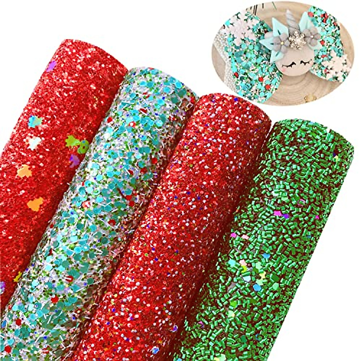 Greatdiy Sparkly Christmas Faux Leather Sheets 8x12 inch Shiny Mixed Red and Green Tinsel Chunky Glitter Fabric for Bows Crafts (Red-Green)