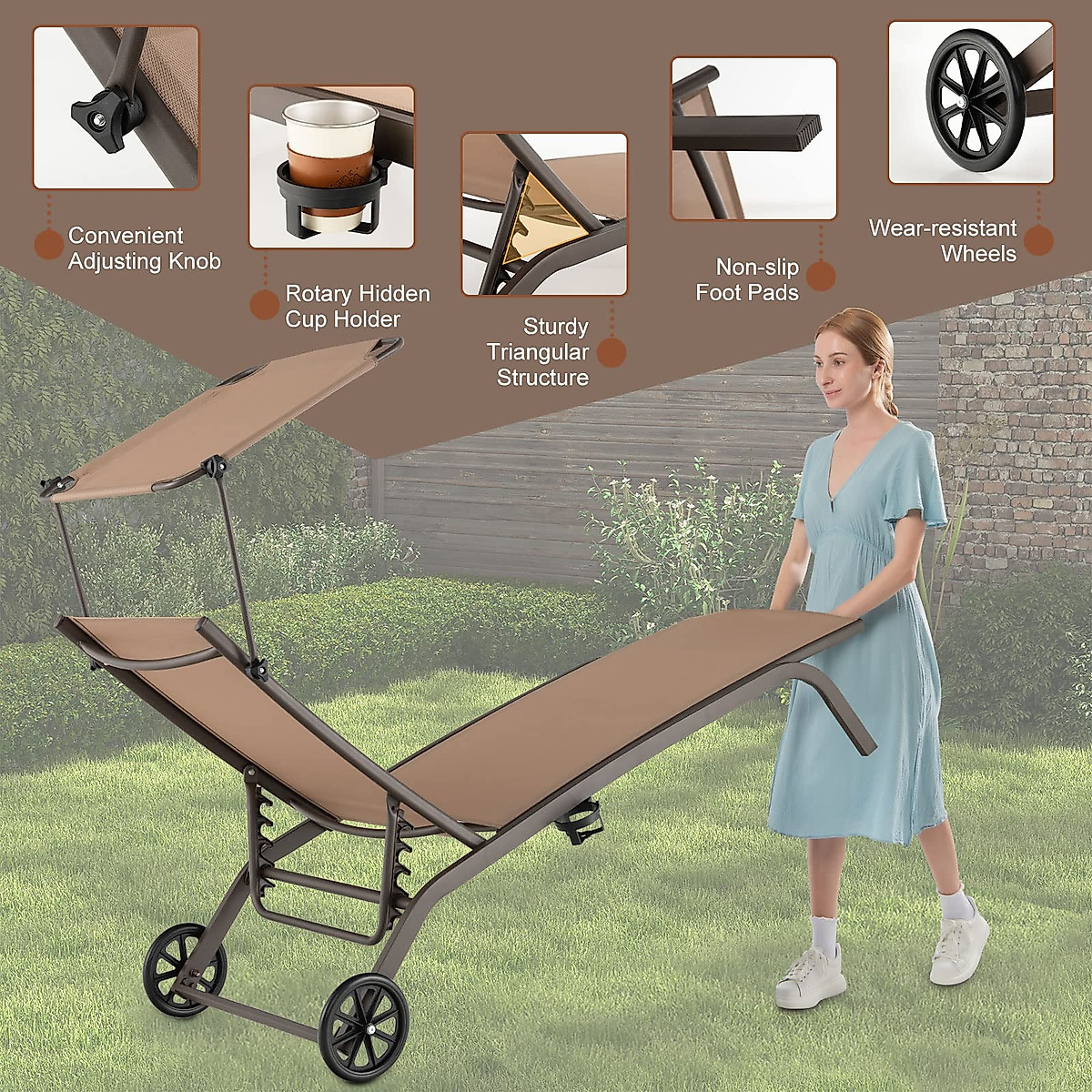 Giantex Outdoor Chaise Lounge Chair, Tanning Chair with Sunshade and Smooth Wheels, 6-Level Adjustable Position, Cup Holder, Metal Frame, Patio Chaise Lounge for Sunbathing, Yard, Poolside (1)