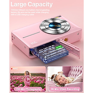 Digital Camera, FHD 1080P Kids Camera 44MP Compact Digital Camera with 32GB Card, 1 Batteries 16X Digital Zoom Point and Shoot Digital Cameras Gift for Kids Boys Girls Teens (Pink)