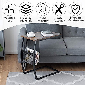 Tangkula Sofa Side End Table, C Table Snack Table with Side Pocket & Metal Frame, Over Bed Table Industrial Side Table for Sofa Couch Bed, Living Room, Bedroom (Rustic Brown)