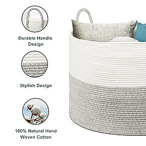 LOVSTORAGE 20.5"x 15" Large Rope Blanket Basket with Lid, Woven Storage Basket Baby Laundry Basket Hamper Decorative Nursery Toy Basket Bin with Handles for Living Room Bedroom-White&Brown, L