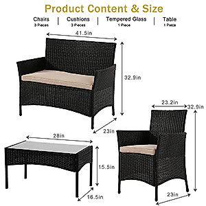 4 Pieces Patio Furniture Sets, Outdoor Rattan Conversation Bistro Chairs w/Glass Coffee Table & Soft Cushions Modern Wicker Bistro Set Garden Furniture Sets for Porch Backyard Lawn Poolside(Black)