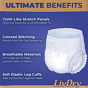 LivDry Large Ultimate Adult Incontinence Underwear, High Absorbency, Leak Cuff Protection, L, 60-Pack