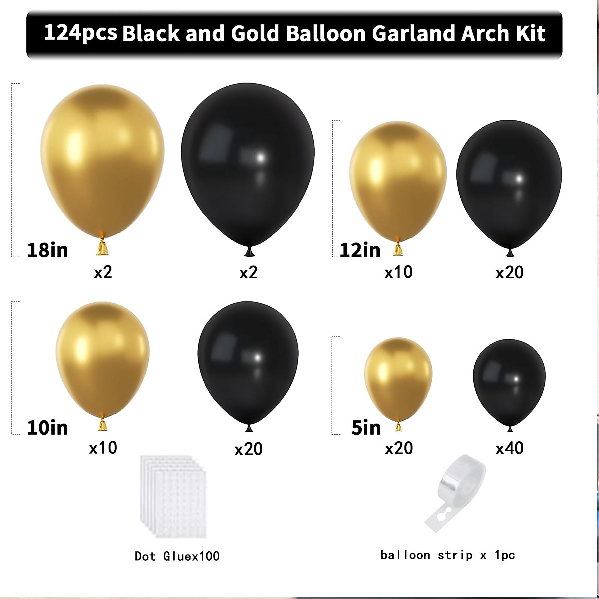 Black and Gold Balloons, 124pcs Black and Gold Balloons Garland Arch Kit for Birthday, Graduation, New Year, Anniversary Party Decorations