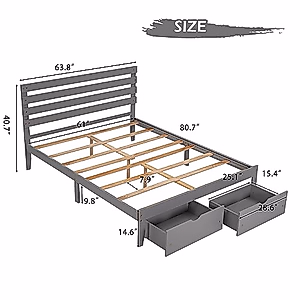 RIDFY Queen Size Wood Platform Bed Frame with Drawers,Heavy Duty Platform Bed Frame with Headboard,Bed Frame with Storage,No Box Spring Needed, Easy Assembly(Queen) (Grey)