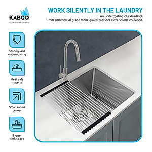 KABCO KLA23SSGR 18 Gauge Top-Undermount Drop In Laundry Utility Sink 23-Inch Stainless Steel Single Bowl with Strainer kit, Top Rolling Sink Rack & Bottom Sink Grid 4PC Combo Package- 23x18x12 Inch