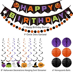 meowtastic Halloween Birthday Decorations - Happy Birthday Banner with Honeycomb Ball, Halloween Hanging Swirl Streamer, Circle Dot Garland Decorations - Halloween theme Birthday Party Decoration