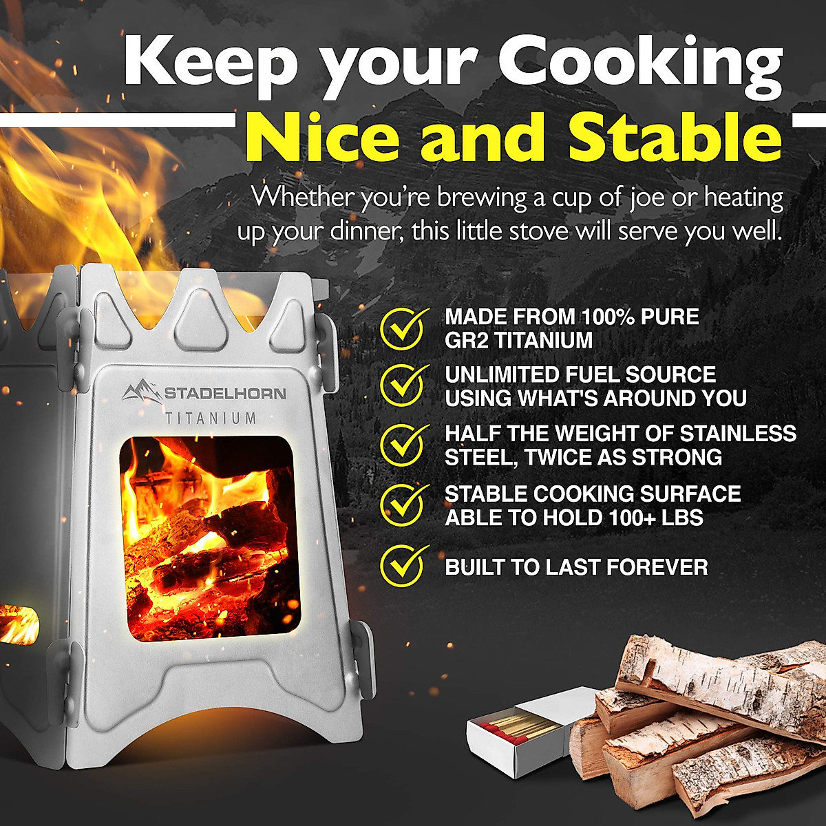 STADELHORN Titanium Minimalist Wood Stove Ultralight 100% Pure Titanium Portable & Foldable for Camping, Backpacking, Hiking, and Bushcraft Survival. Stronger and Lighter vs Steel, weighs only 7.3 oz.