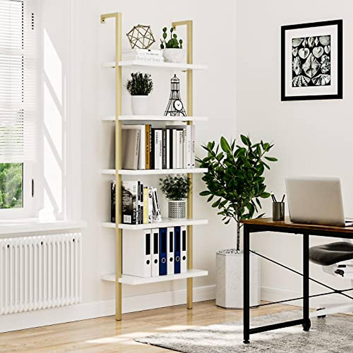 NUMENN 5 Tier Book Shelf, Industrial Ladder Shelf, Open Space Wall Mount Bookshelf with Metal Frame, Sturdy Book Shelves, Bookcase for Living Room, Home Office Shelf, White and Gold