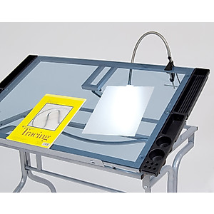 Studio Designs Folding Modern Glass Top Adjustable Drafting Table Craft Table Drawing Desk Hobby Table Writing Desk Studio Desk, 35.25" W x 23.75" D, Silver / Blue Glass