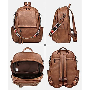 FADEON Leather Laptop Backpack Purse for Women Laptop Backpacks, Designer Mutiple Pockets Ladies Shoulder Bags Brown