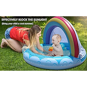 Rainbow Blow up Kiddie Pool Inflatable Mini Swimming Pool Water Baby Shade Beach Tent Pool 37" X 26" Portable Wading Pool with Canopy for Outdoor Backyard for Kids Toddler