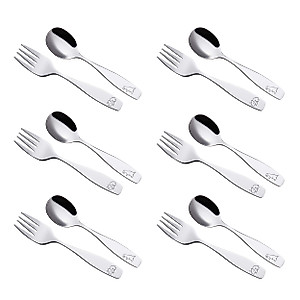 ANNOVA Children's Flatware 12 Pieces Set - Stainless Steel Silverware 6 x Safe Forks, 6 x Dinner Spoons - Kids Toddler Utensils Lunch Box (Engraved Dinosaurs T-Rex, Triceratops)