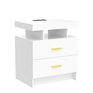 HNEBC LED Nightstand, RGB White Night Stand with USB/Wireless Charging Station, Modern Bedside Table has Auto Sensor RGB Lights, End Side Table with 2 Drawer for Bedroom Furniture, White
