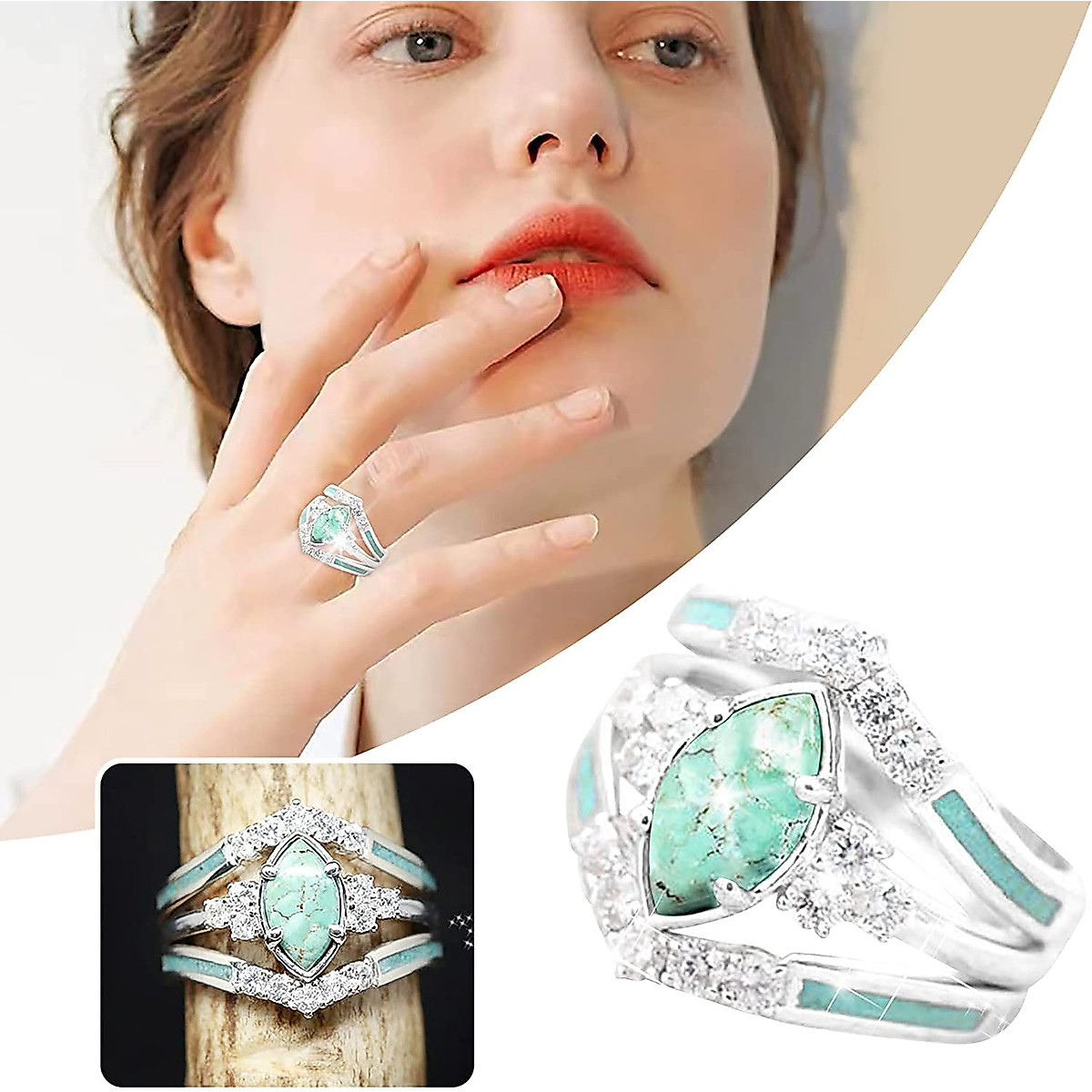 Sterling Silver Natural Turquoise Diamond 3 Piece Set Ring Simple Fashion Jewelry Popular Accessories Jewelry_Gift (Silver, 7)