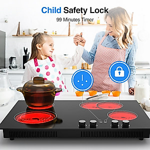 Electric Cooktop 30 Inch, Electric Stove 4 Burner Built-in Electric Cooktop,7200W Radiant Electric Cooktop Stove Itop,9 Power Levels,Timer,Knob Control,Kid Safety Lock,220-240V for Hard Wire(No Plug)