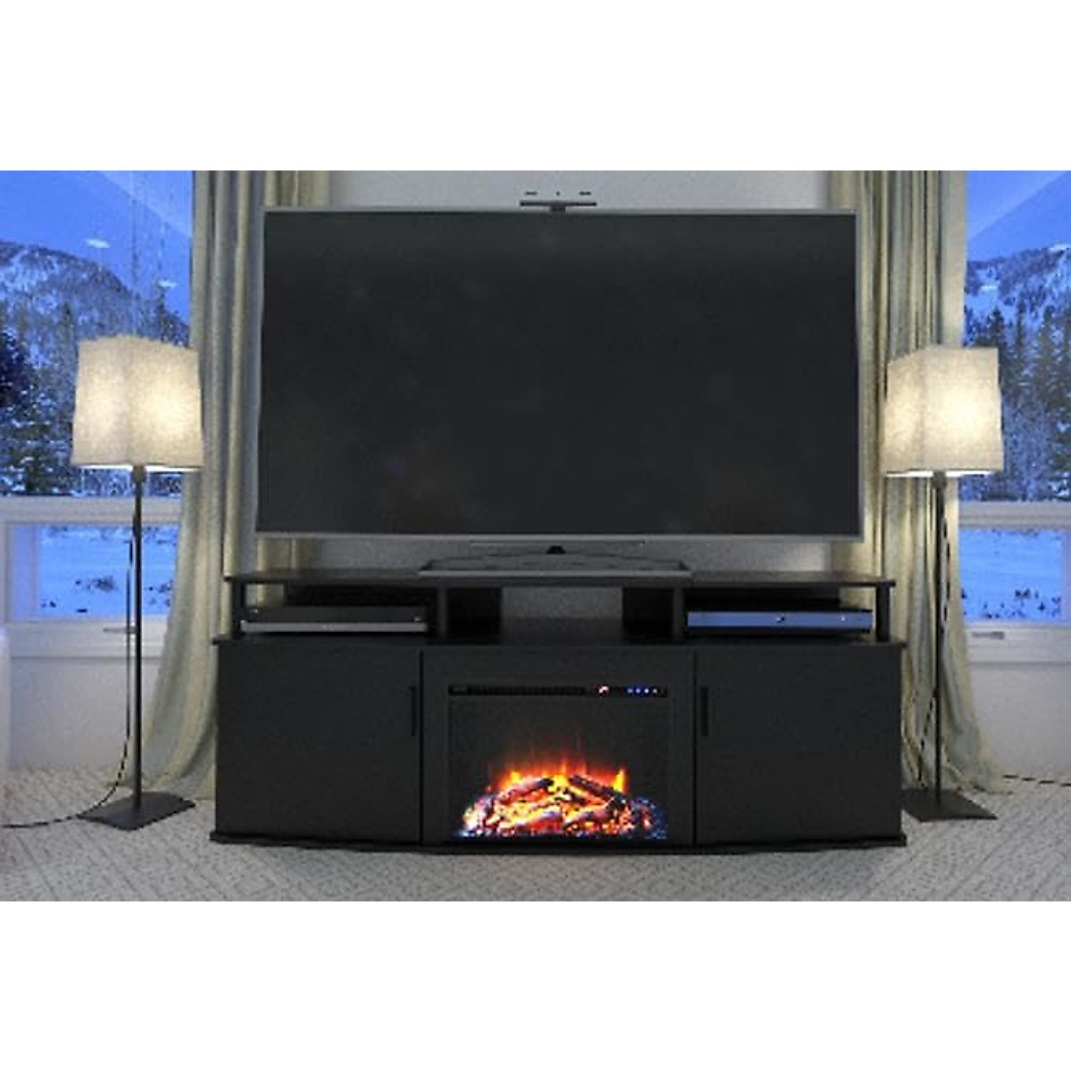 Ameriwood Home Carson Fireplace TV Stand for TVs up to 70 Inch, Replaceable Electric Fireplace Insert Heater, Realistic Log and Flame Effect, For Living Room or Bedroom, Black