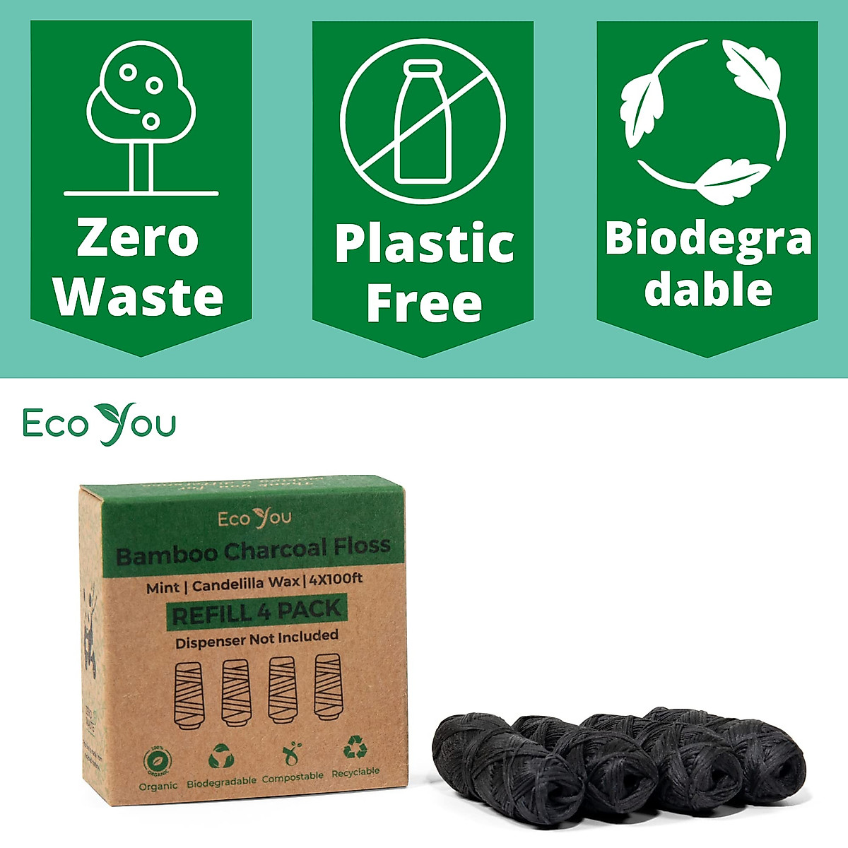 EcoYou Bamboo Charcoal Dental Floss | Mint & Candelilla Wax | Vegan & Biodegradable (4 Refills Pack)