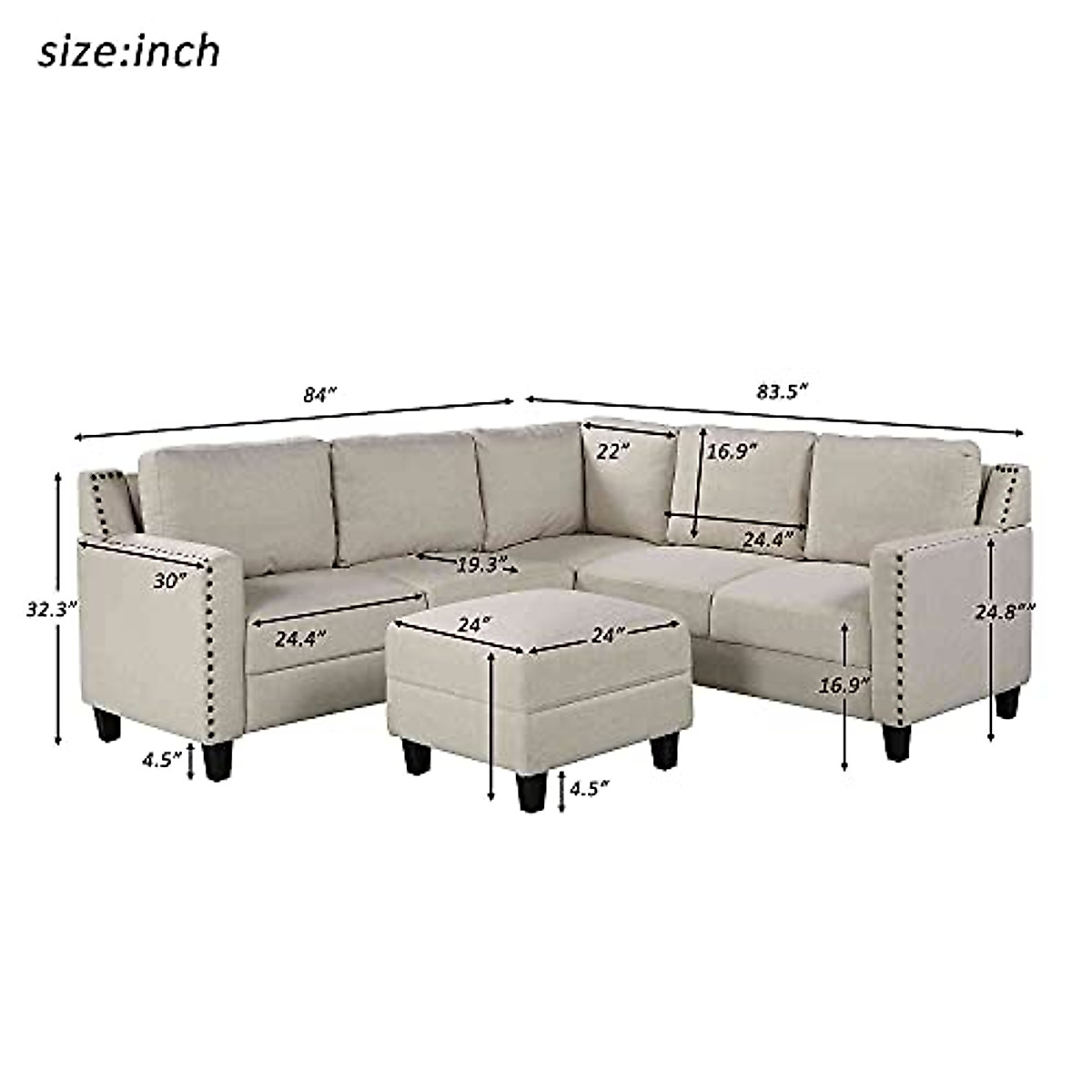 Tulib Symmetrical Sectional Sofa with Ottoman, L-Shaped Rivet Modern Upholstered Couch Set with Cushions, for Living Room, Beige