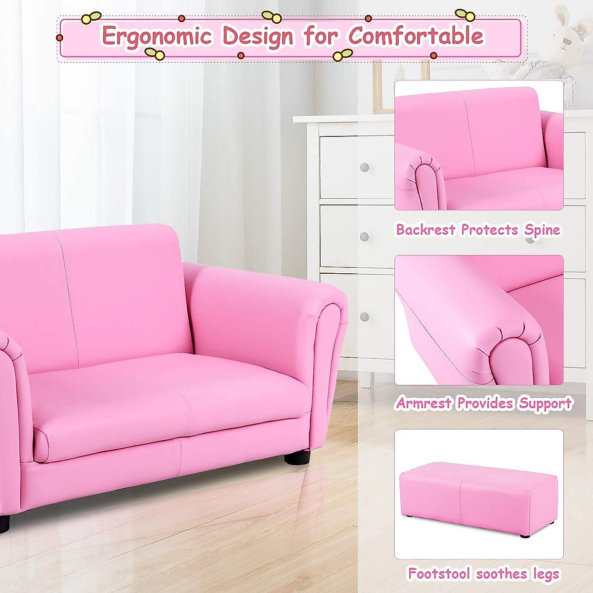GLACER Kids Sofa with Footstool, Upholstered Toddler Couch Chair for Boys and Girls, 2 Seat Baby Sofa Chair Children Armchair with Sturdy Wood Construction, ASTM and CPSIA Certified (Pink)