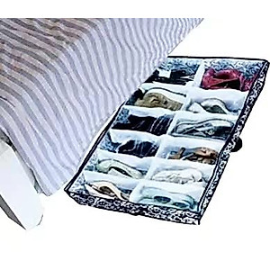 Shonpy Men/Woman 12 Cells See Through Underbed shoes and boots Storage Bag Organizer with black and white flower (black)