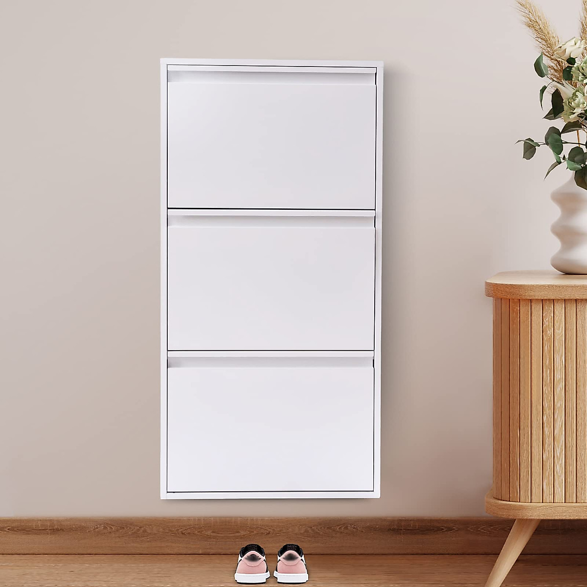 Lemoeyes Shoe Cabinet with 3 Flip Drawers, Tipping Shoe Organizer Wall Mounted Shoe Storage for Entryway Hallway Corridor, Holds 9 Pair Shoes, White, No-Assembly