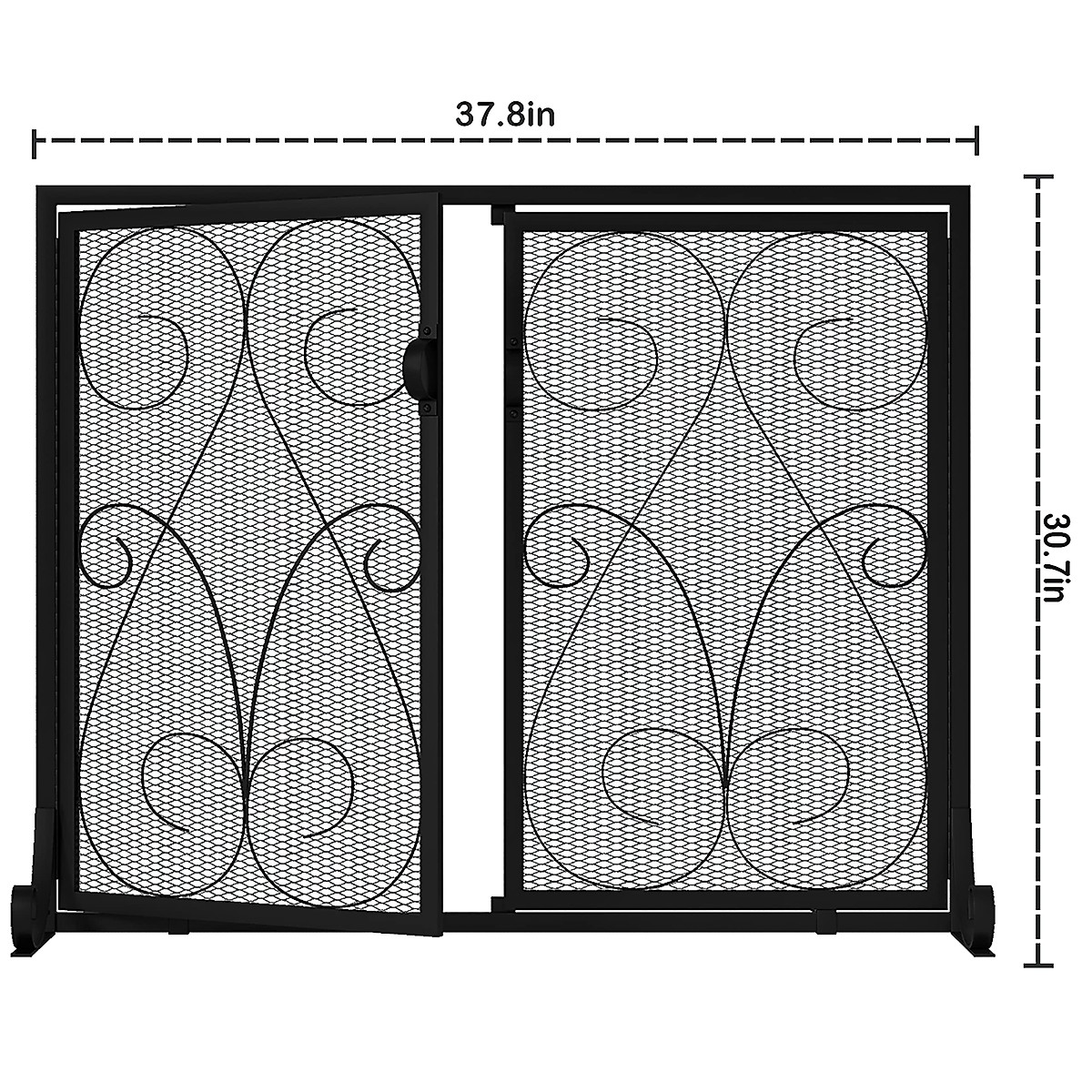 Kingson 2-Panel Fireplace Screen with Doors Handcrafted Wrought Iron Decorative Mesh, Symmetric Scroll Fire Spark Guard-Black