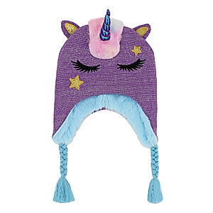 Newfancy Kids Girls Cute Glitter Unicorn Beanie Winter Hat and Glove Set Knitted Earflap Cap Flip Top Mitten Set Purple One Size