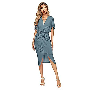 Floerns Women's Short Sleeve V Neck Twist Front Split Midi Dress Dusty Blue L
