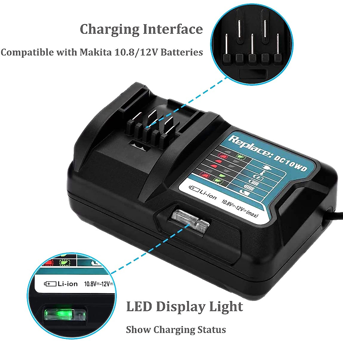 2 X 2.0A BL1021B Battery with Charger DC10WD 10.8V ~ 12V, Replace for Makita 12V Battery CXT BL1016 Bl1041B BL1040 BL1020B, Replace for Makita DF031D TD110D JR103D JR105D HSS01D HP332D DC10SB DC10WC