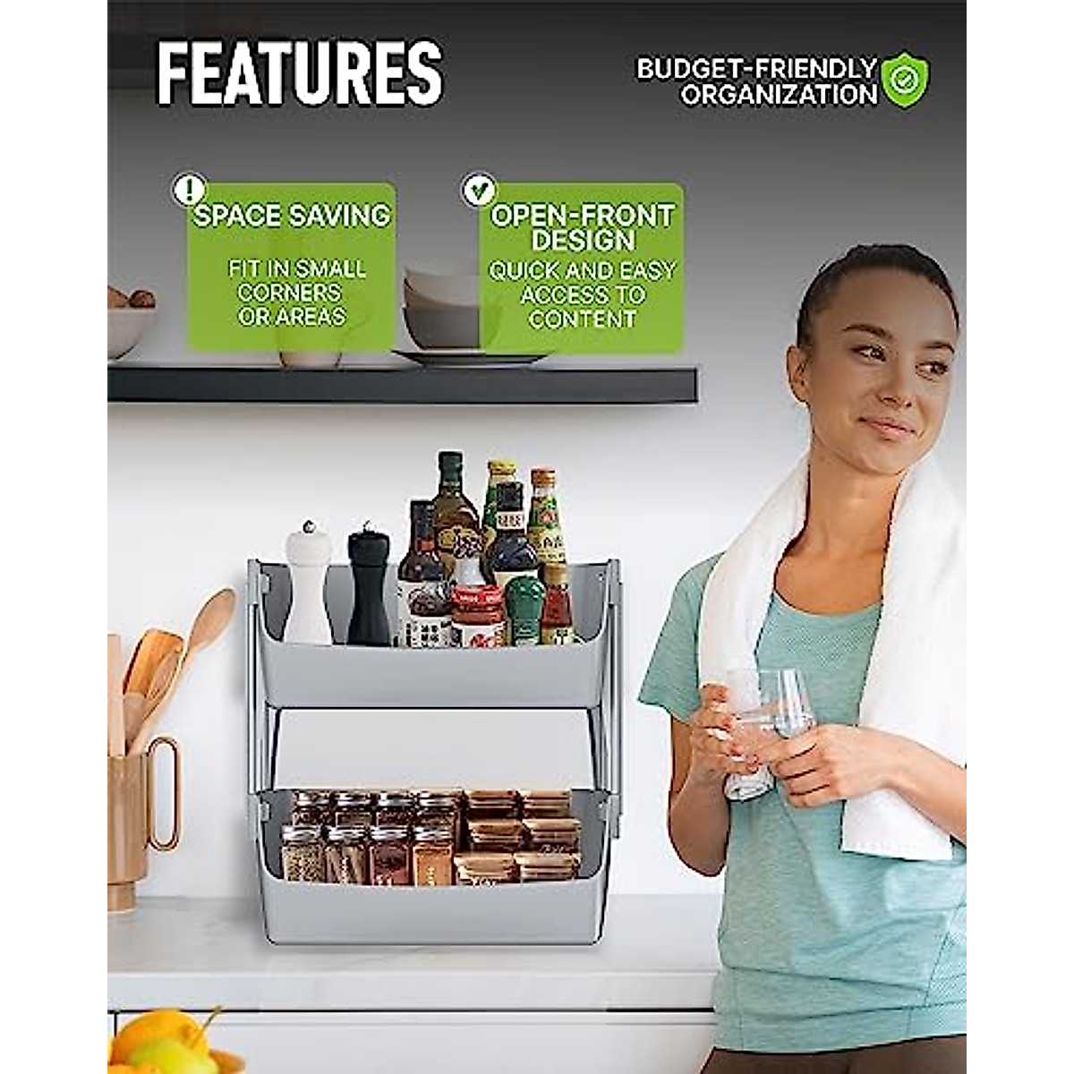 Skywin 3-Tier Plastic Stackable Storage Bins 11.4" x 11" x 19.7" with Brackets for Extra Protection - For Pantry Storage, Kitchen Storage, and Bathroom Storage (Grey)