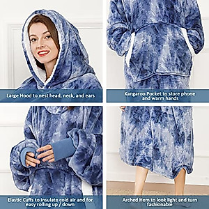 Drewin Wearable Blanket Sweatshirt for Women Men, Oversize Sherpa Fleece Blanket Hoodie with Huge Pocket & Elastic Sleeves, Fuzzy Warm Flannel Hooded Blanket for Adult Winter Gift, Blue&White