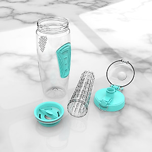 Fruit Infuser Water Bottle 32oz Willceal- Durable, Large - BPA Free Tritan, Flip Lid, Leak Proof Design - Sports, Camping (Bright Teal)