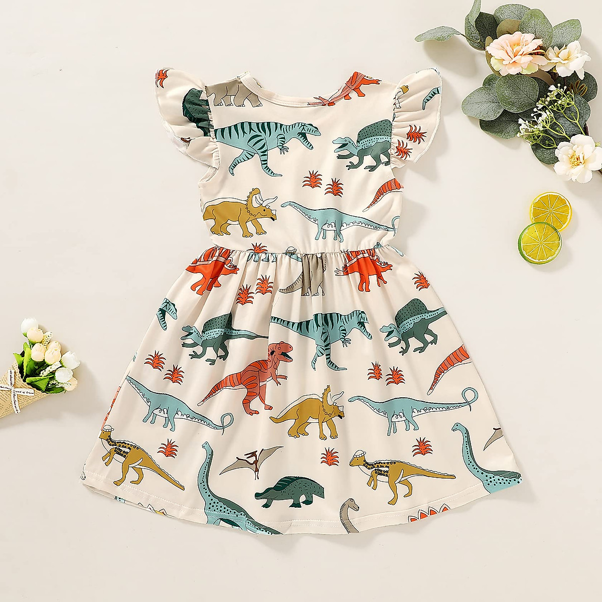 HAPPYMA Toddler Baby Girl Summer Dress Dinosaur Flutter Sleeve Dresses Outfits for Baby Girl Sundress Skirts Clothes (Vintage Dinosaur Dress, 2-3T)