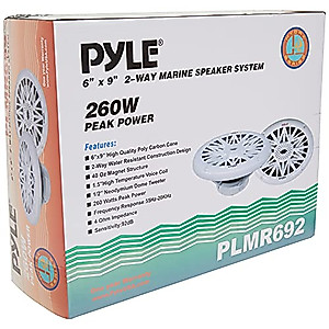 6x9 Inch Dual Marine Speakers - 2 Way Waterproof and Weather Resistant Outdoor Audio Stereo Sound System with 260 Watt Power, Poly Carbon Cone and Cloth Surround - 1 Pair - PLMR692