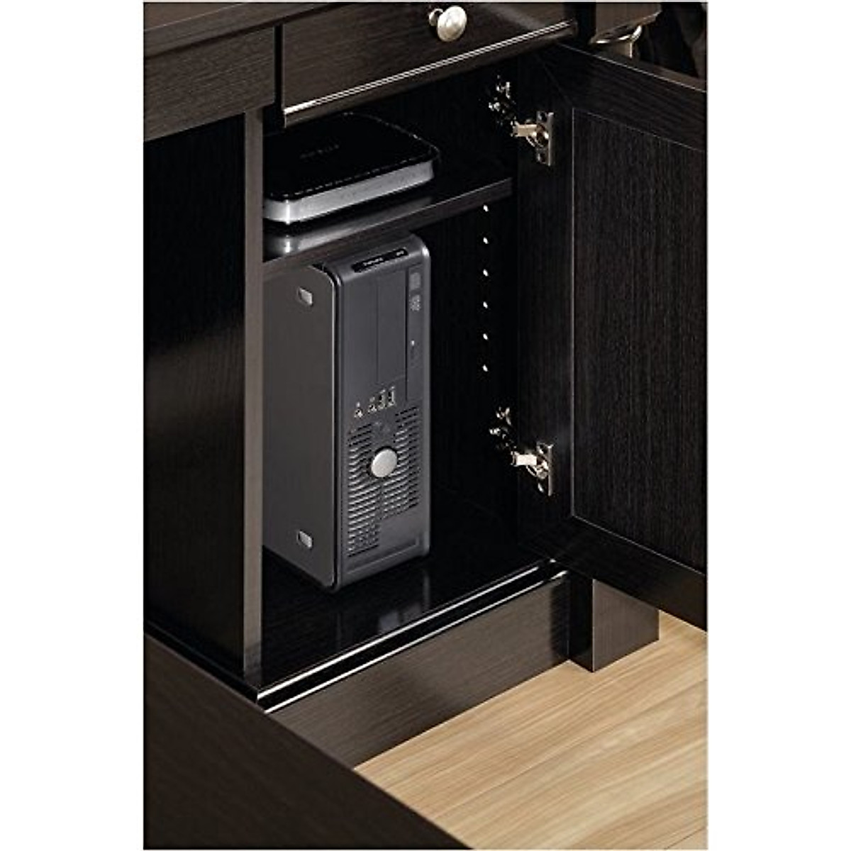 Pemberly Row Home Office L Shaped Desk with Computer Tower Storage in Wind Oak