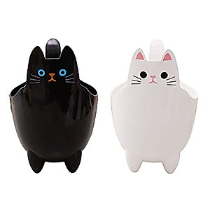 Mozacona 2pcs Cartoon Cat Shape ABS Mini Table Trash Cans Storage Buckets (Black/White)