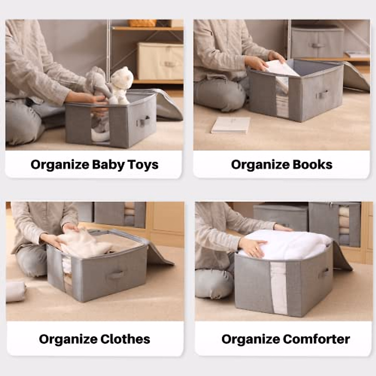 CANFOD Under Bed Storage 2 Pack, Under Bed Storage Containers, Blanket Storage Thick Panel, Underbed Storage Clear Window, Stackable Clothes Storage Bins (L（17.7x13.7x9.8in）for 20-25 T shirts, Light grey)